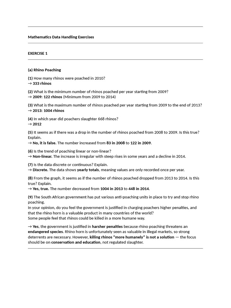 Mathematics Data Handling Exercises | PDF | Poaching | Crime & Violence