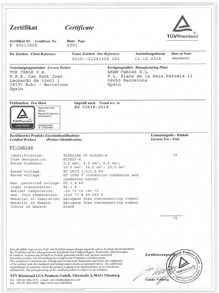h1z2z2-K - Tuv Certificate - Top Cable | PDF