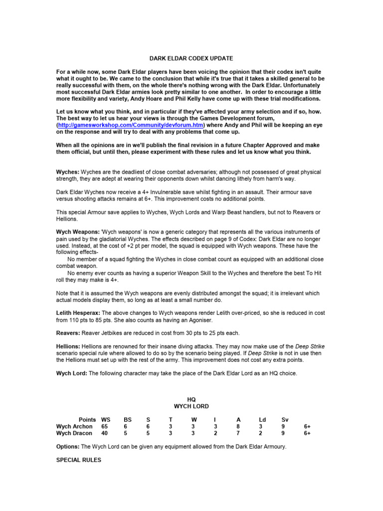 Warhammer 40k (Codex) Dark Eldar Update | PDF