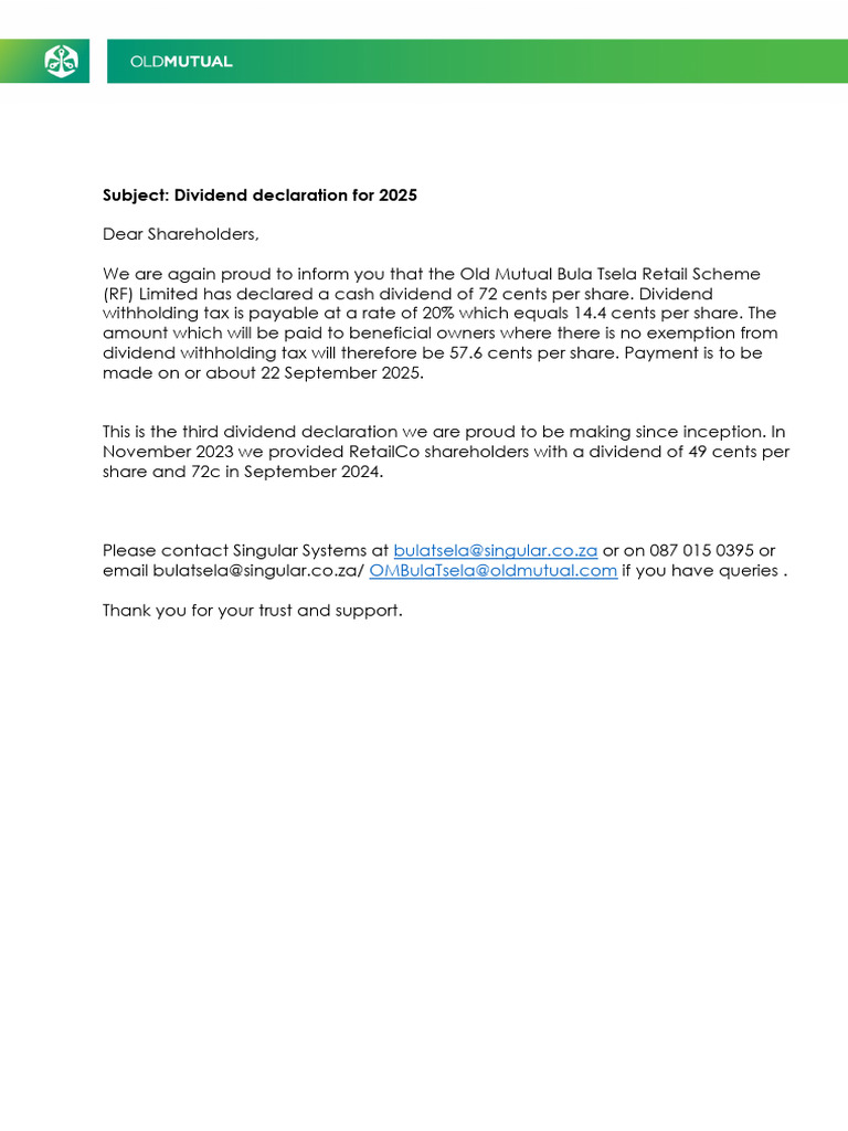 Bula Tsela - Dividend Declaration2025 | PDF
