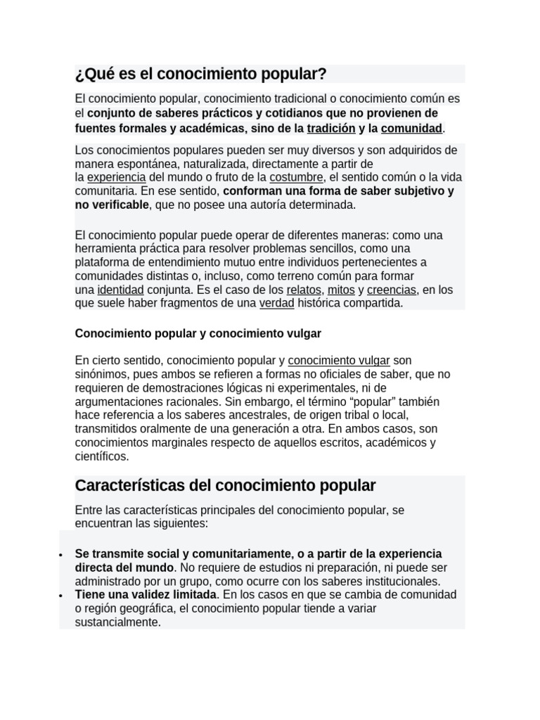 Qué Es El Conocimiento Popular | PDF | Conocimiento | Experiencia