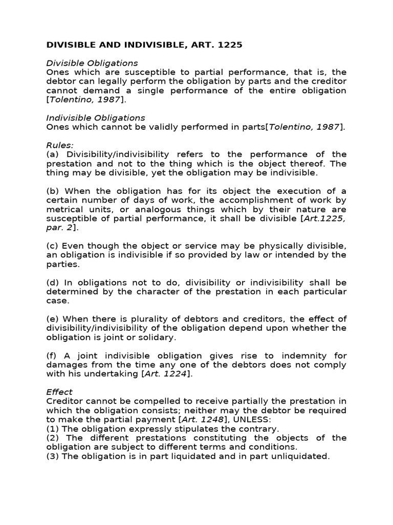 Divisible vs. Indivisible Obligations | PDF | Damages | Indemnity