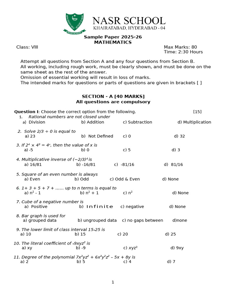 ICSE Math Sample Paper Class 8th Mathematics - 25 To 26 (1) (1) Edited ...