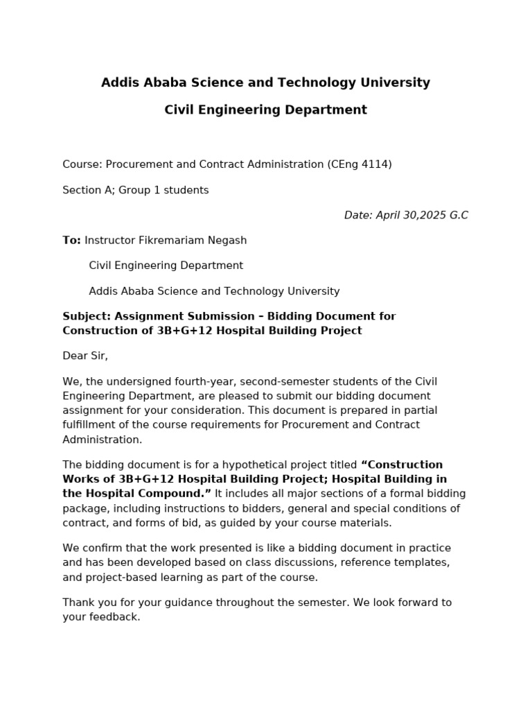 Cover Letter To The Construction Works of 3B+G+12 Hospital Building ...