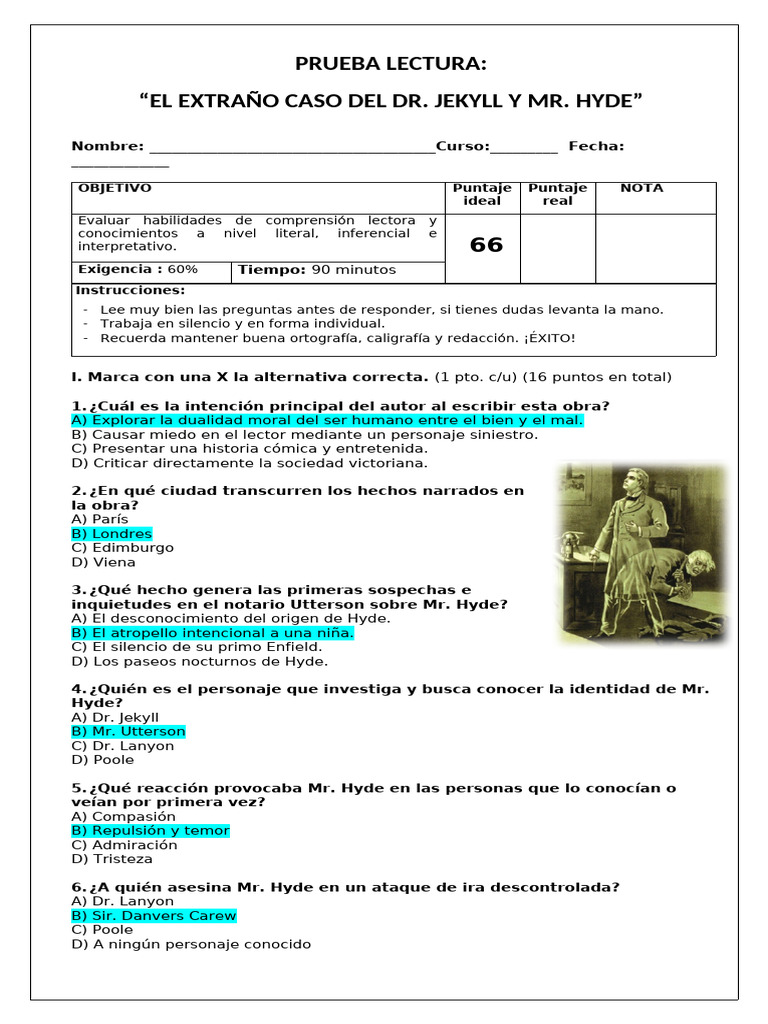 Prueba de Comprensión: Jekyll y Hyde | PDF | Extraño caso del Dr ...