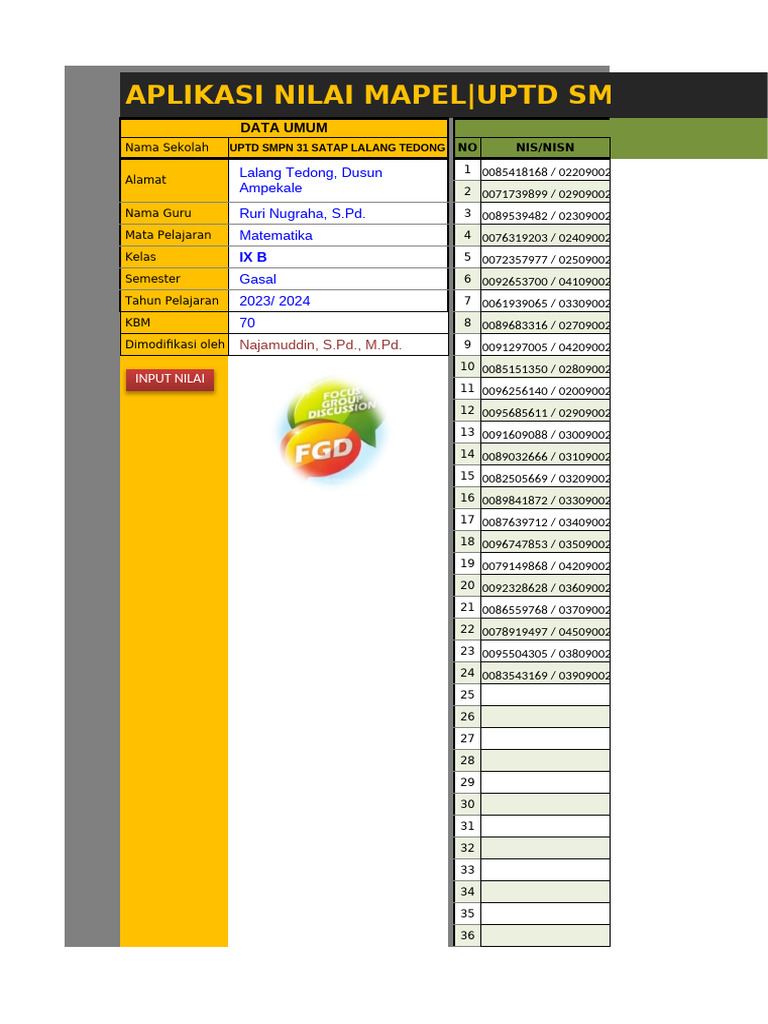 Format Nilai 9b Matematika Genap 2024 | PDF