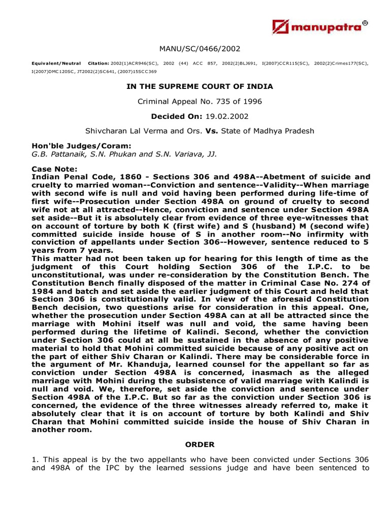 Supreme Court Ruling on IPC Sections 306 & 498A | PDF | Appeal ...