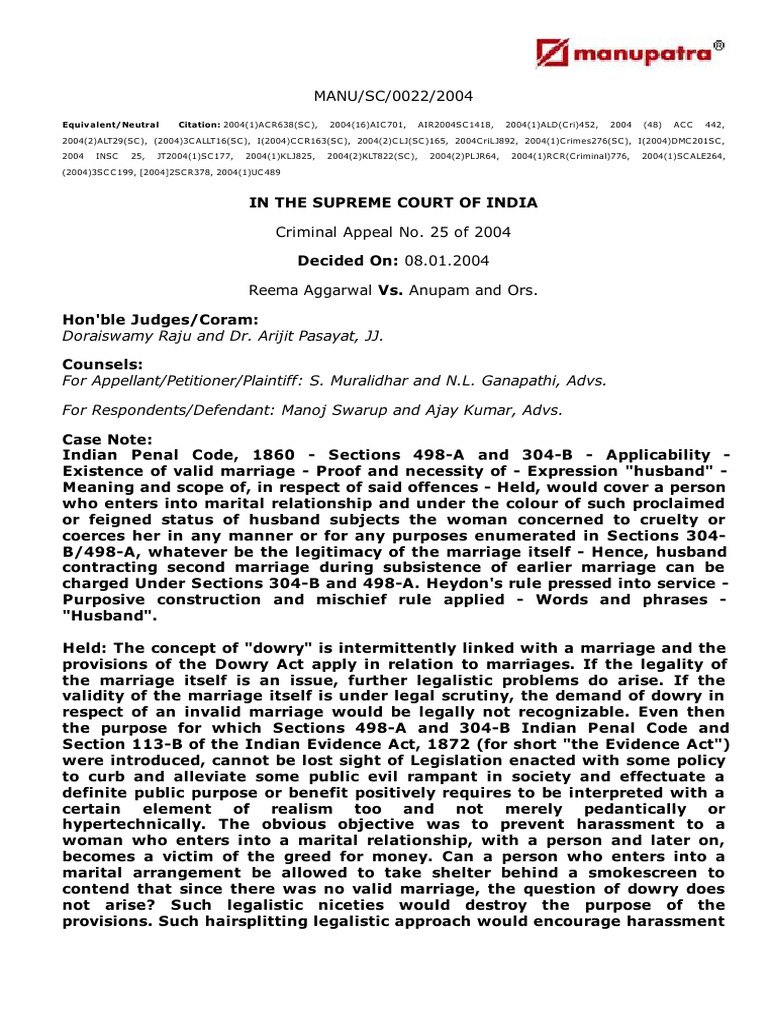 Reema Aggarwal Vs Anupam and Ors 08012004 SCs040019COM741257 | PDF ...
