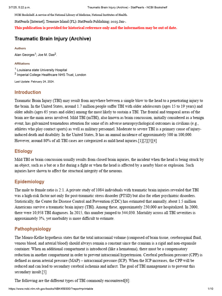 StatPearls. 2024. Traumatic Brain Injury | PDF | Traumatic Brain Injury ...
