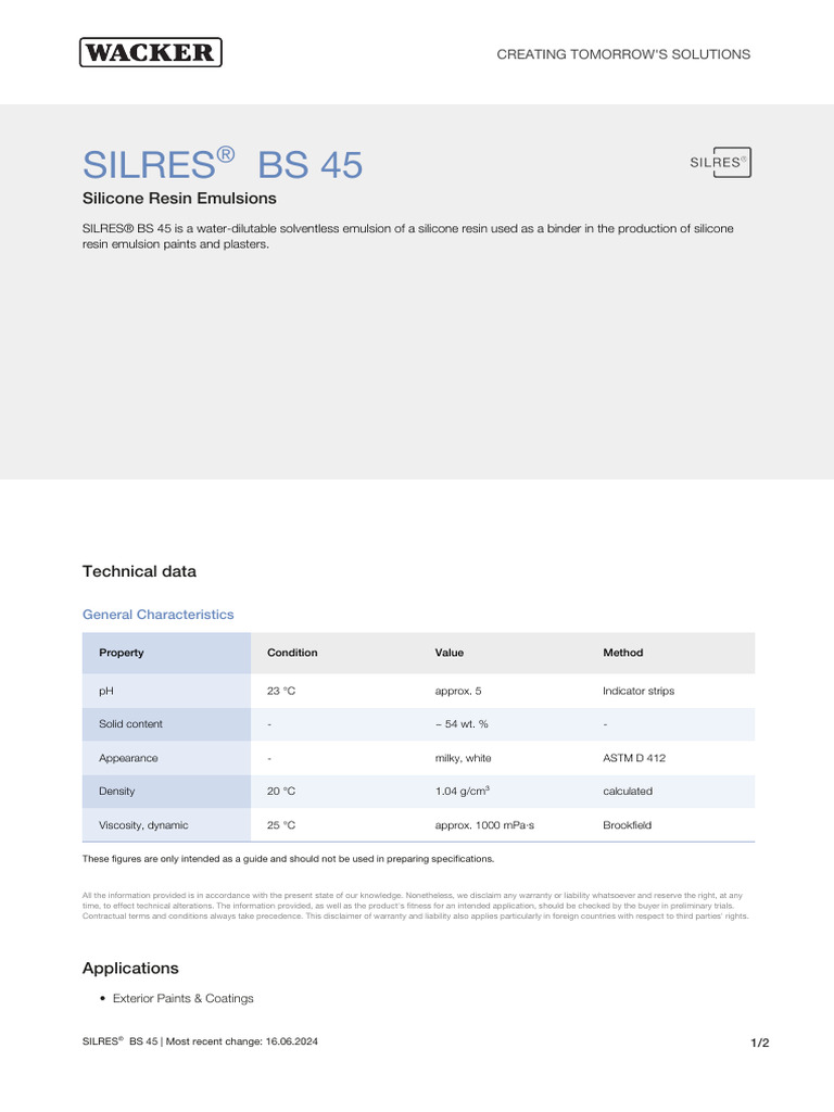 SILRES® BS 45 Silicone Resin Emulsion | PDF | Paint | Viscosity