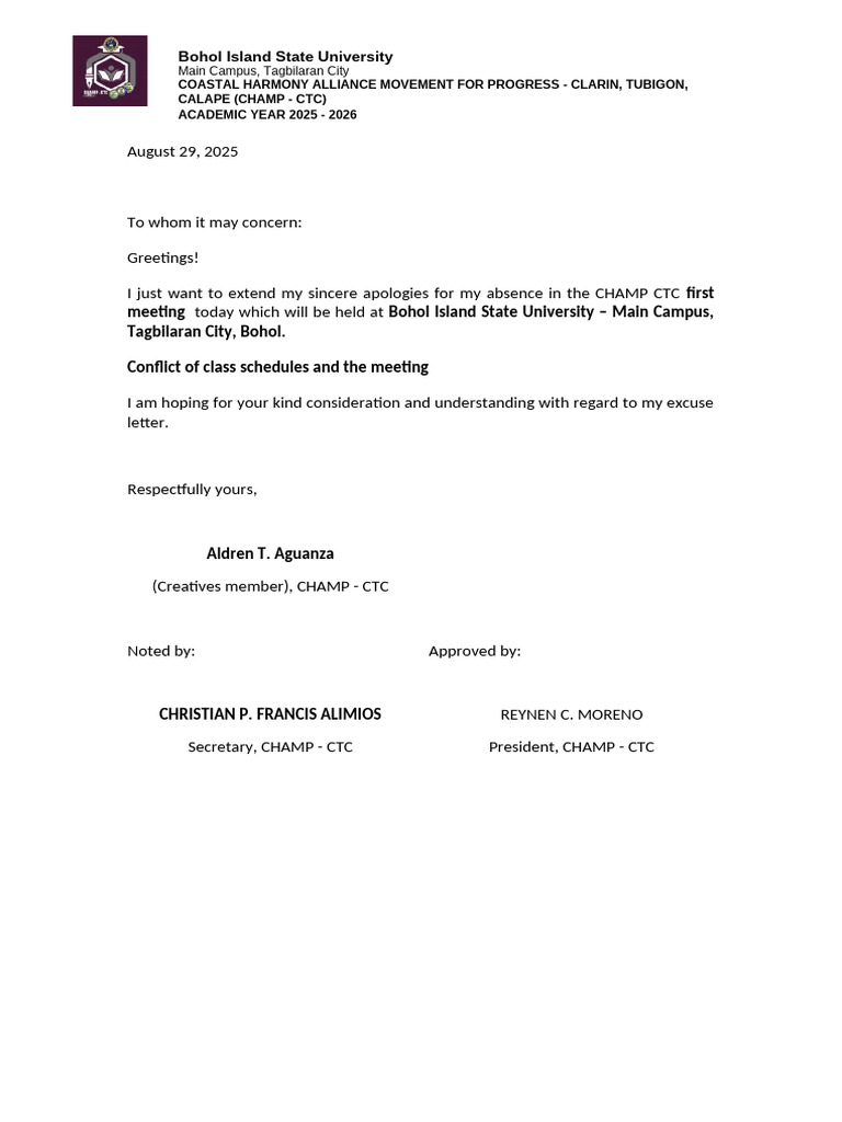 Champ - CTC Excuse Letter Format | PDF