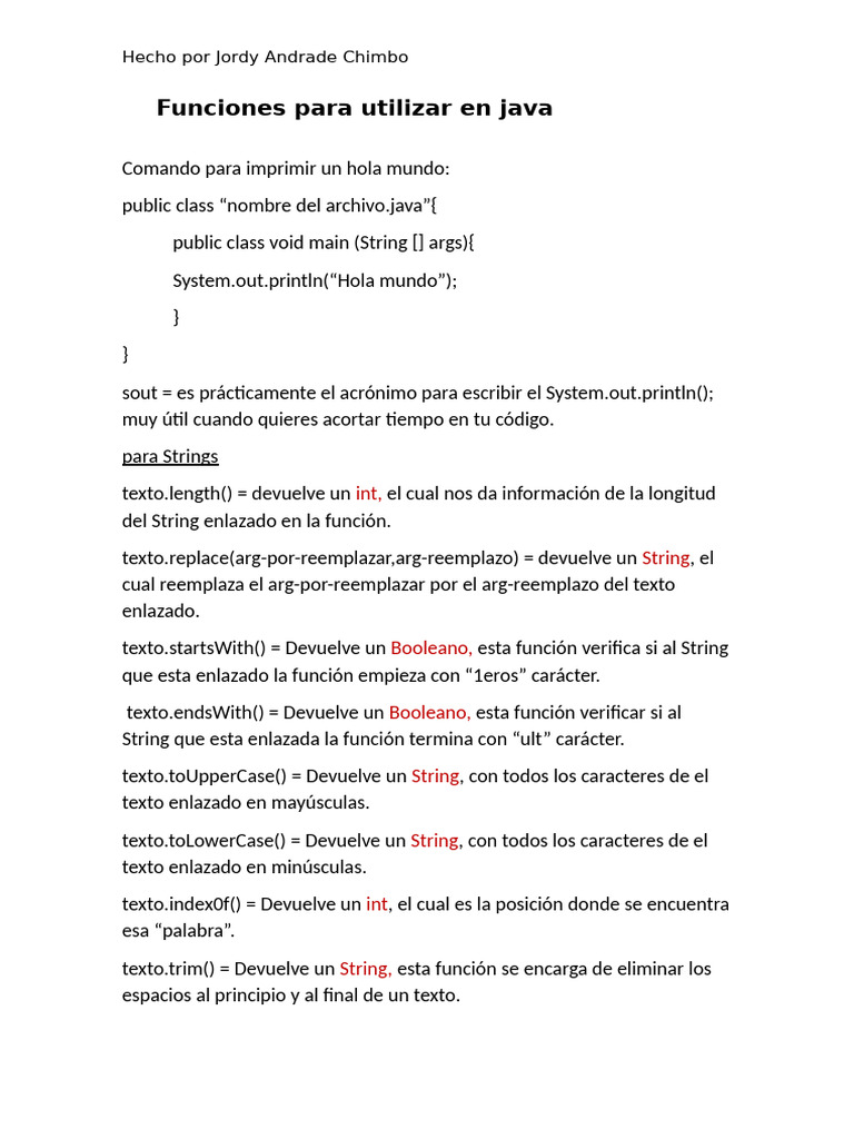 Funciones Escenciales para Su Uso en JAVA | PDF