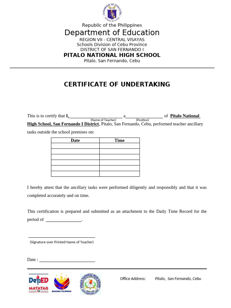Certificate of Undertaking PNHS | PDF