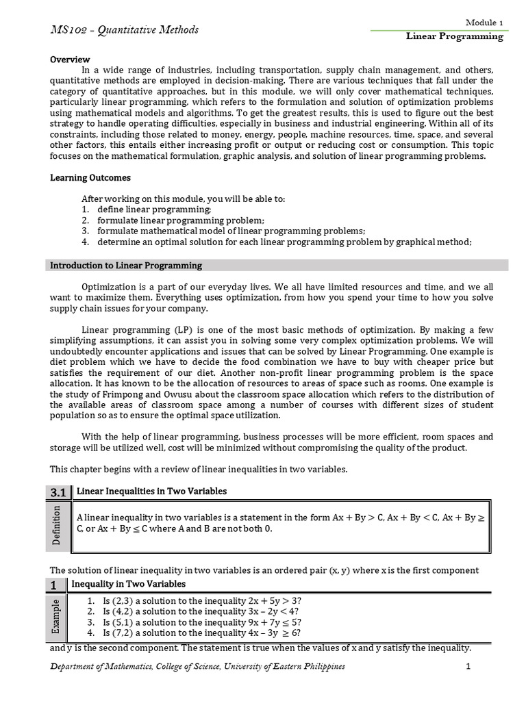 Module 1 Quantitative Methods | PDF | Mathematical Optimization | Linear Programming