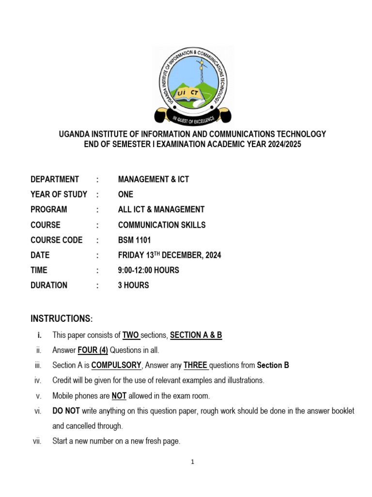 Communication Skills Exam Paper 2024 | PDF