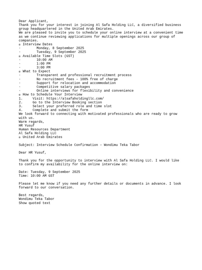 Al Safa Holding LLC Online Interview Invite | PDF