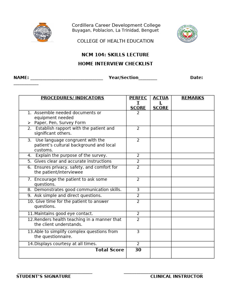Home Interview Checklist for Nursing Skills | PDF