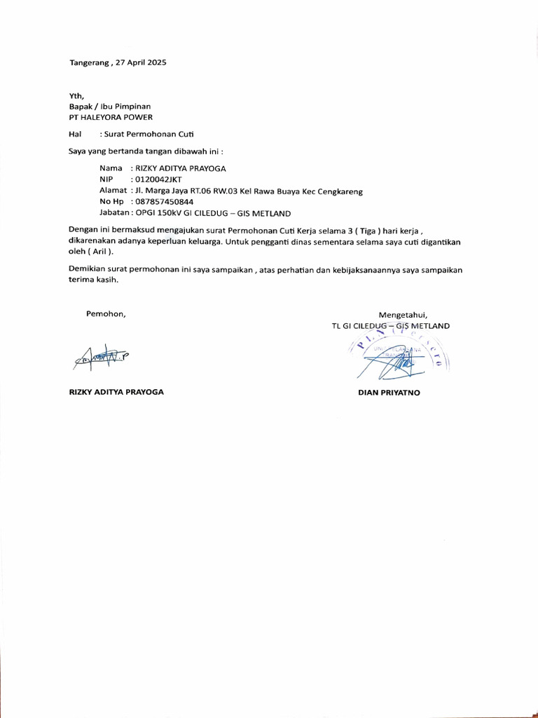 Surat Permohonan Cuti dan Lembur Rizky | PDF