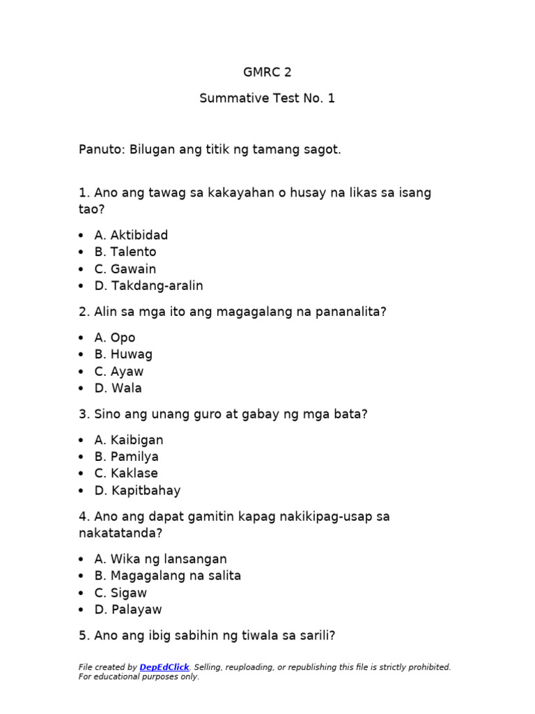 GMRC 2 - Summative - Test - Q2 - W1-W2 | PDF