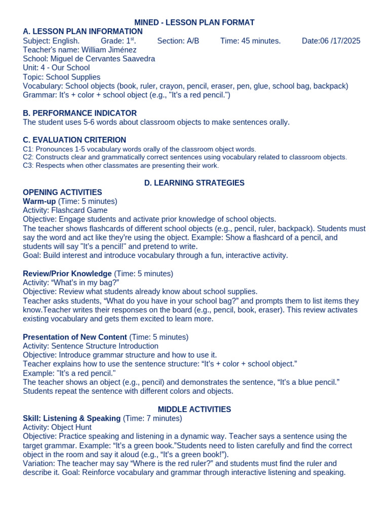 1st Grade English Lesson on School Supplies | PDF | Lesson Plan ...