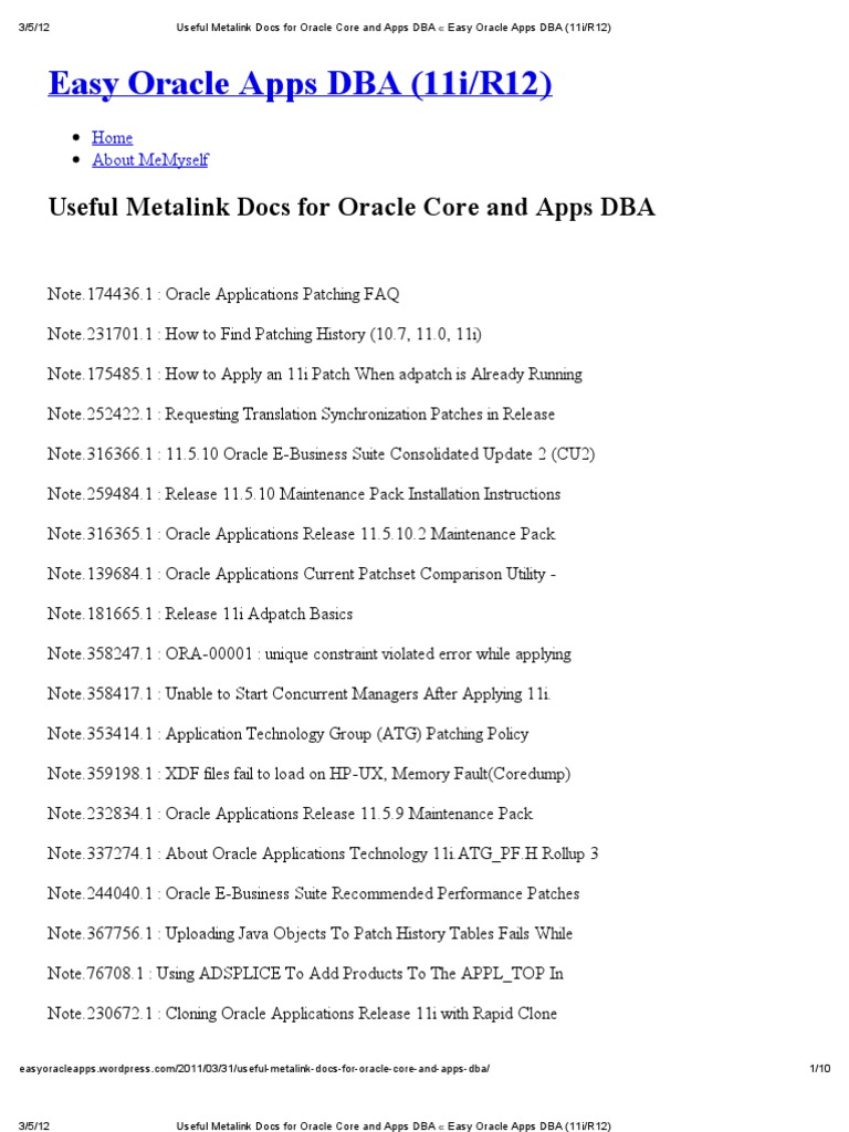Useful Metalink Docs For Oracle Core and Apps DBA Easy Oracle Apps DBA (11i - R12) | PDF ...