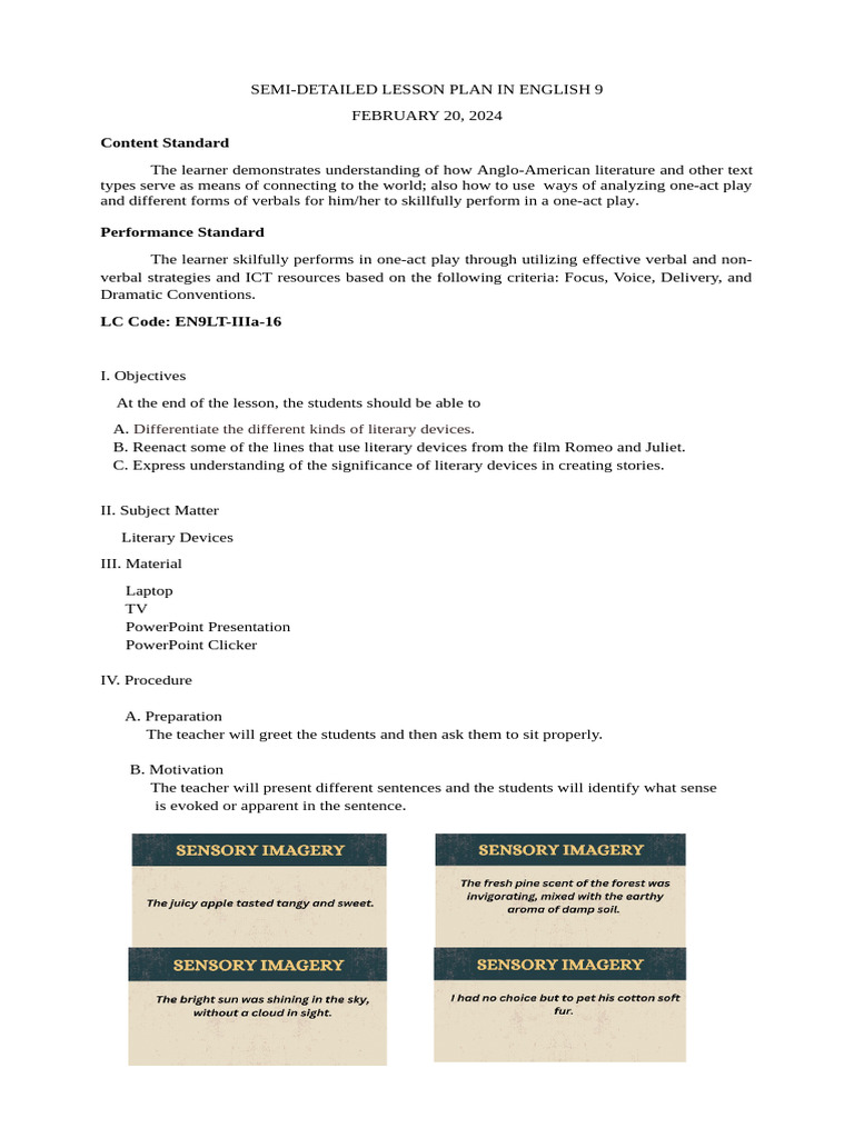 Lesson Plan: Literary Devices in English 9 | PDF | Rhyme | Learning