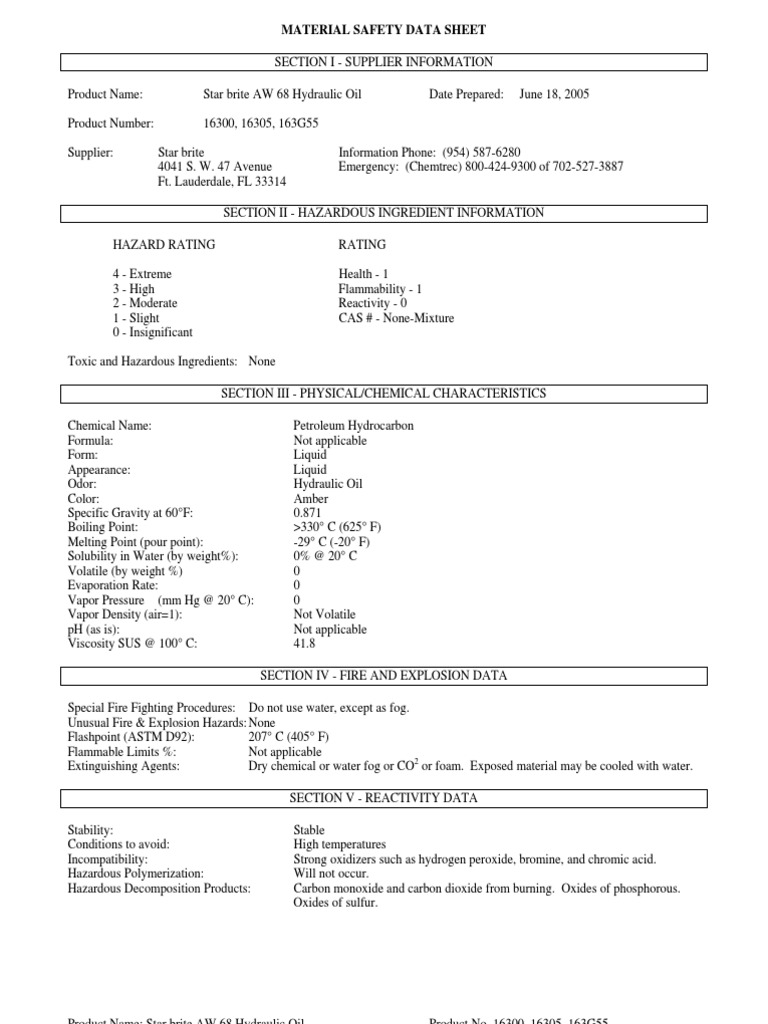 Msds-Hydraulic Oil Star Brite | PDF | Carbon | Carbon Dioxide