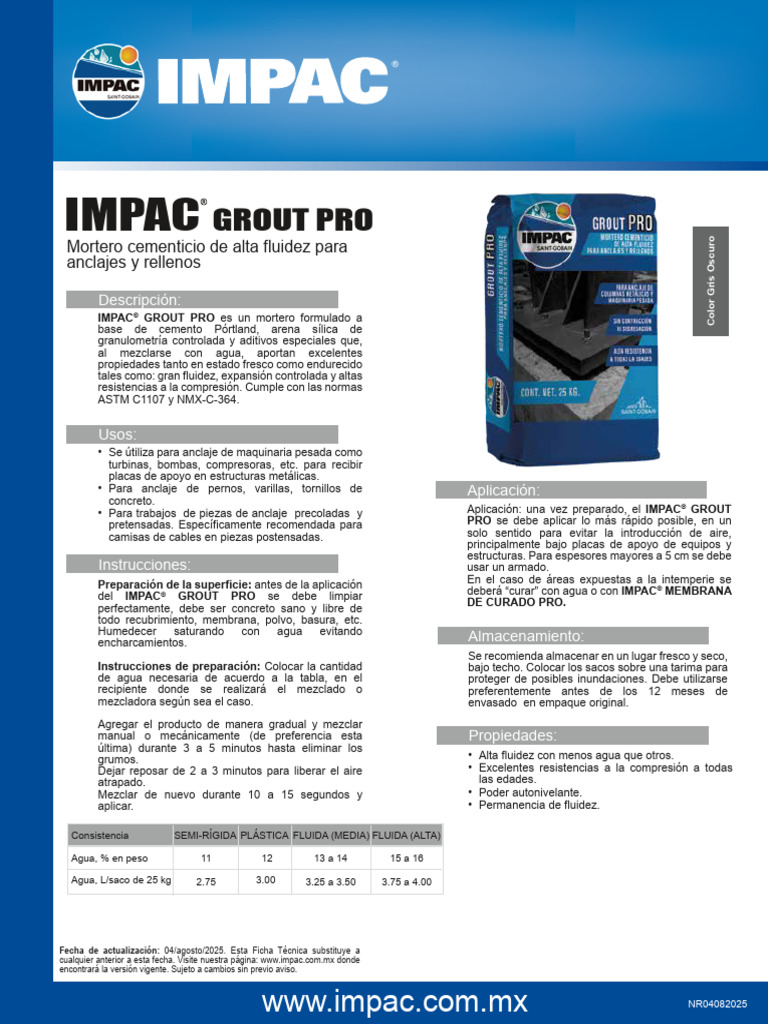 Impac Grout Pro | PDF | Hormigón | Material compuesto
