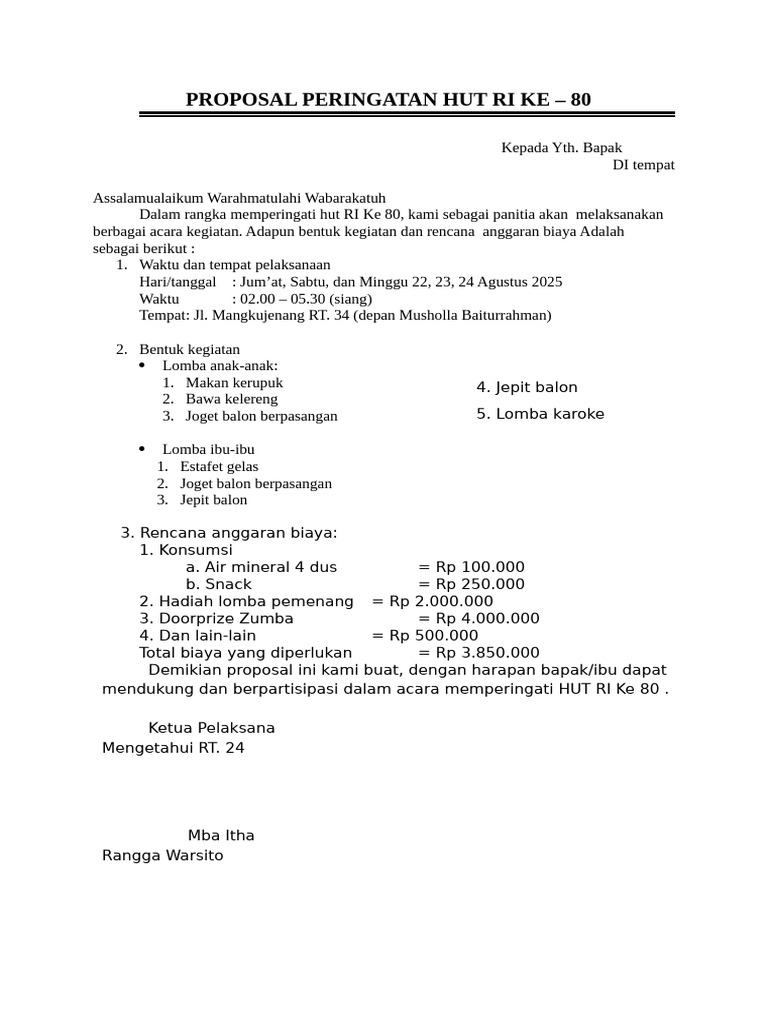 Proposal Hut Ri Ke-80 RT 24 | PDF