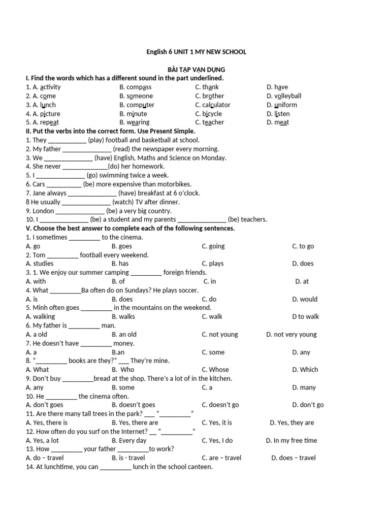 English 6 Unit 1: My New School Exercises | PDF