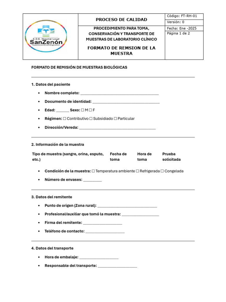 Formato de Remisión de Muestras Biológicas | PDF
