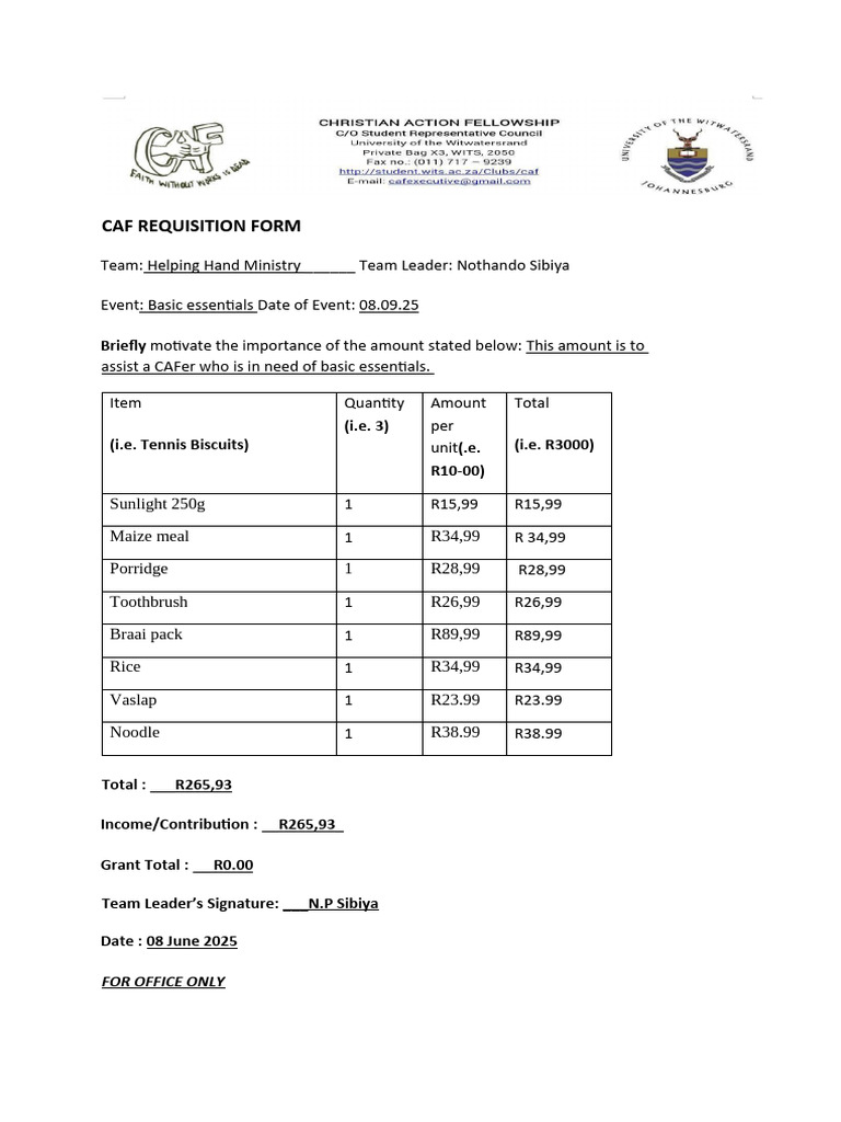 CAF Requisition Form for Essentials | PDF