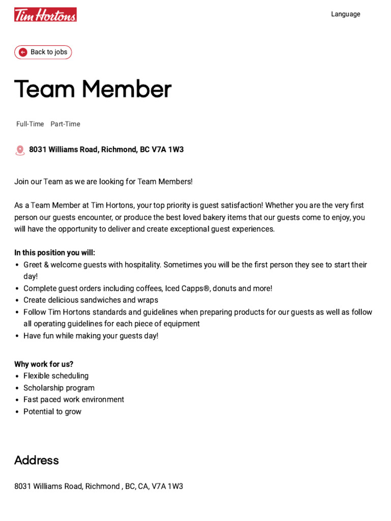 Tim Hortons Team Member Job Description | PDF