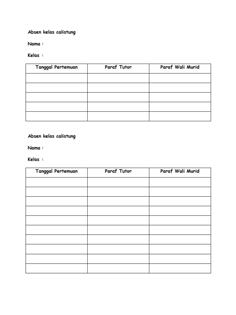 Form Absen Kelas Calistung | PDF