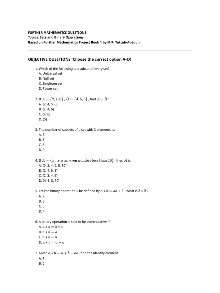 Sets Binary Ops Questions | PDF | Subtraction | Arithmetic