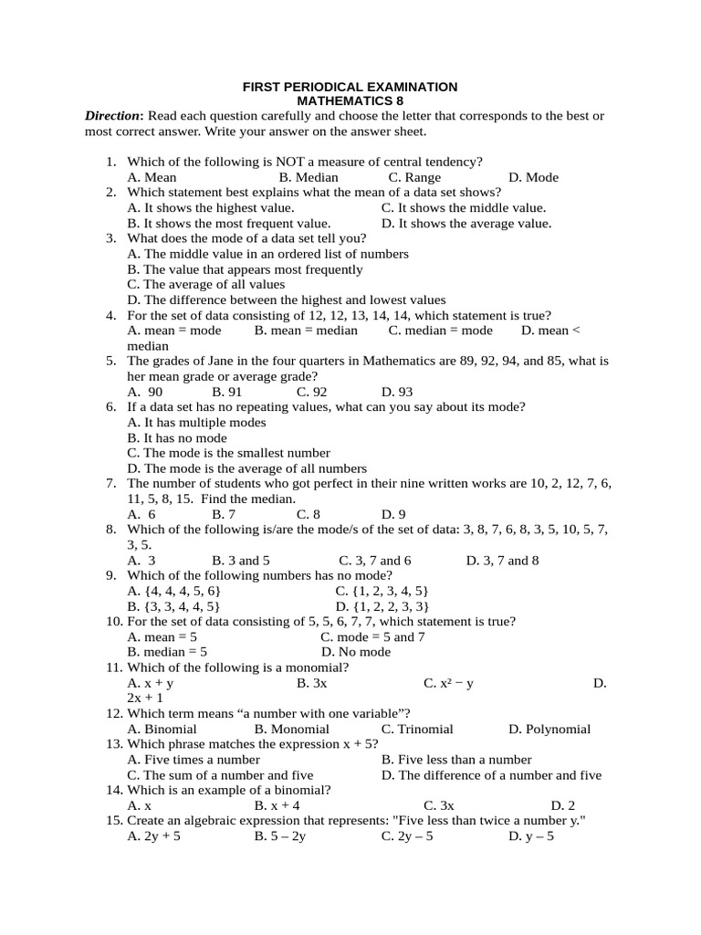First Periodical Examination Math 8 | PDF | Mean | Average