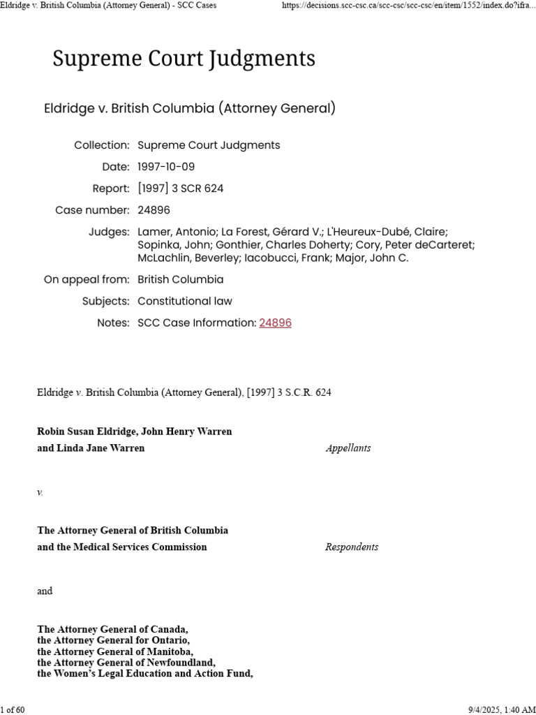 Eldridge v. British Columbia (Attorney General) - SCC Cases | PDF ...