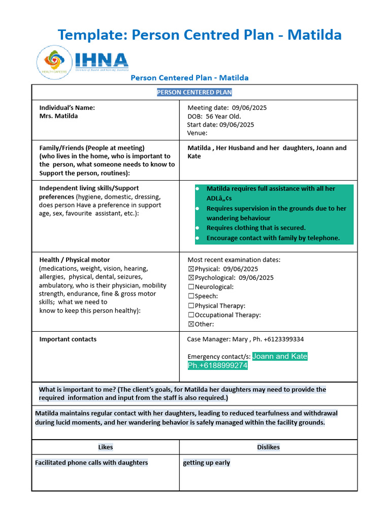 Person-Centered Plan for Matilda | PDF | Aggression | Hygiene