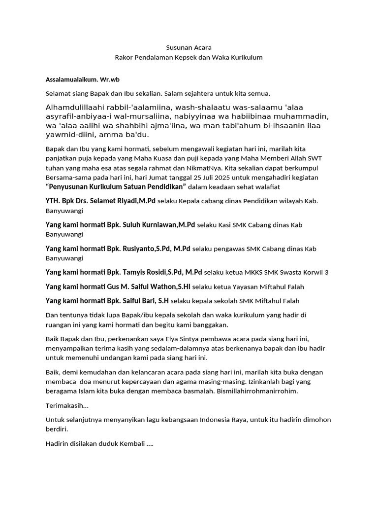 Susunan Acara Rakor Kepsek Dan Wakakur | PDF