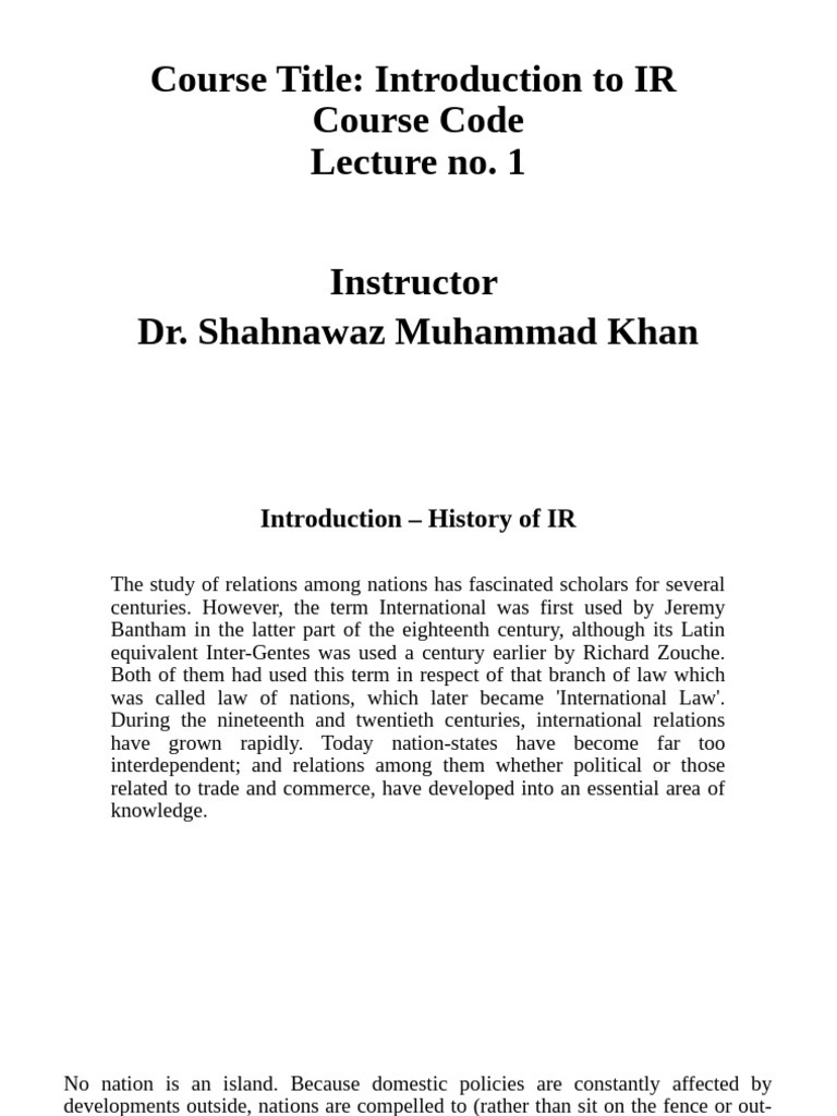 Lecture 1 - Intro to IR why study IR | PDF | International Relations ...