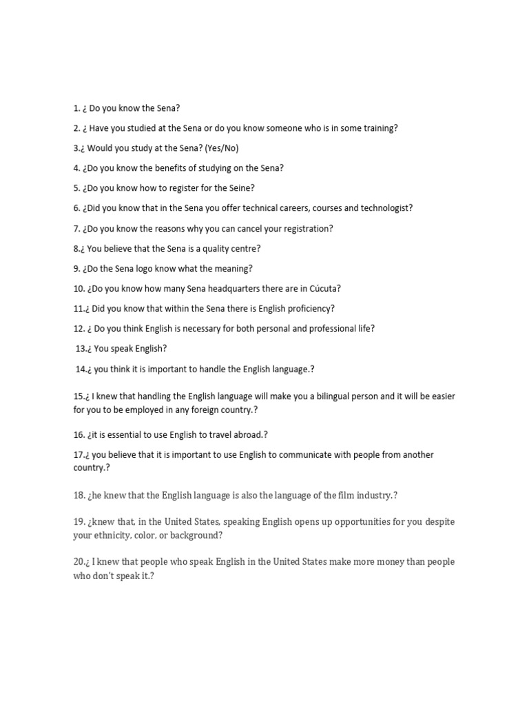 Sena and English Language Survey Insights | PDF