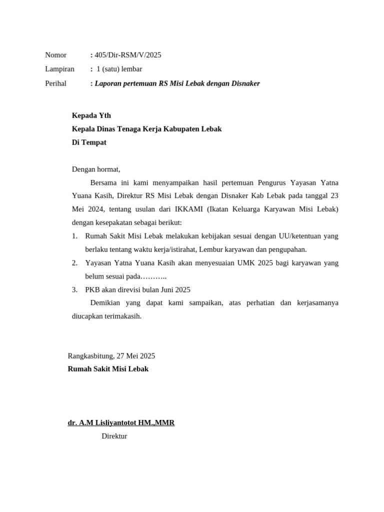 Laporan Pertemuan RS Misi Lebak dan Disnaker | PDF