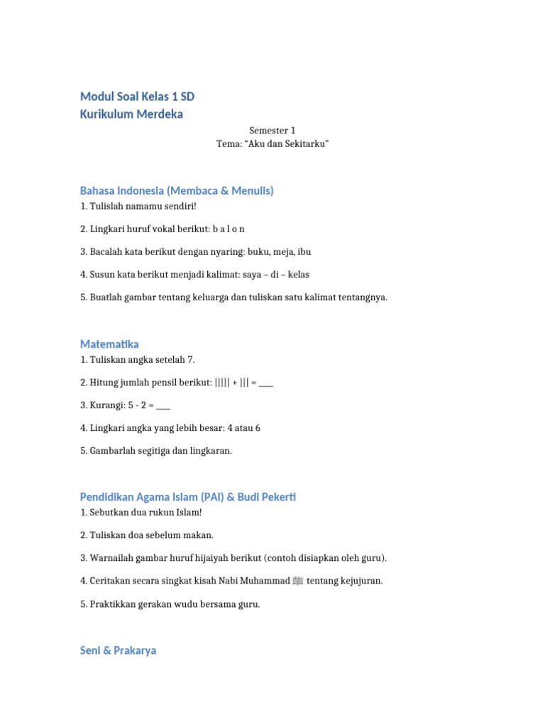 Modul Soal Kelas1 Kurikulum Merdeka | PDF