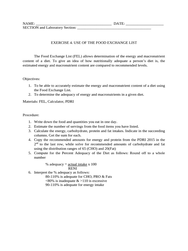 Food Exchange List Diet Assessment Guide | PDF | Nutrients | Eating
