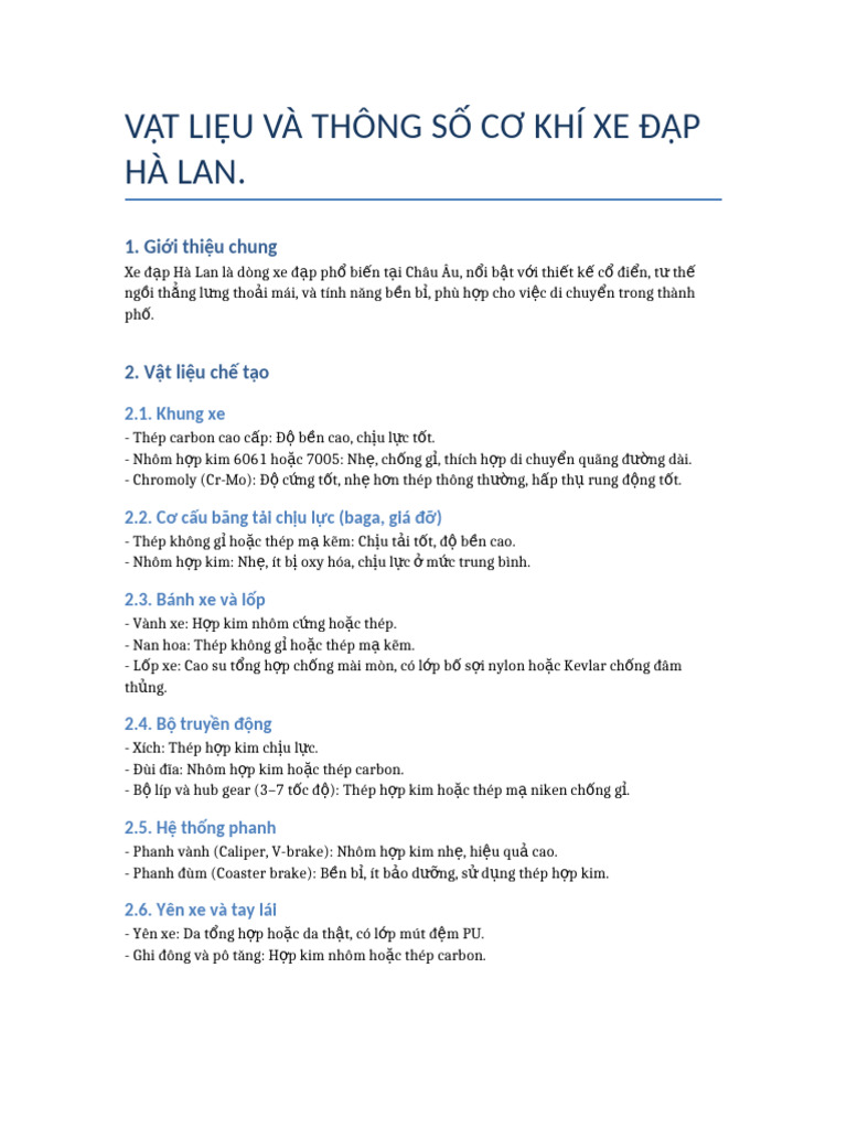 Vat Lieu Thong So Xe Dap Ha Lan | PDF