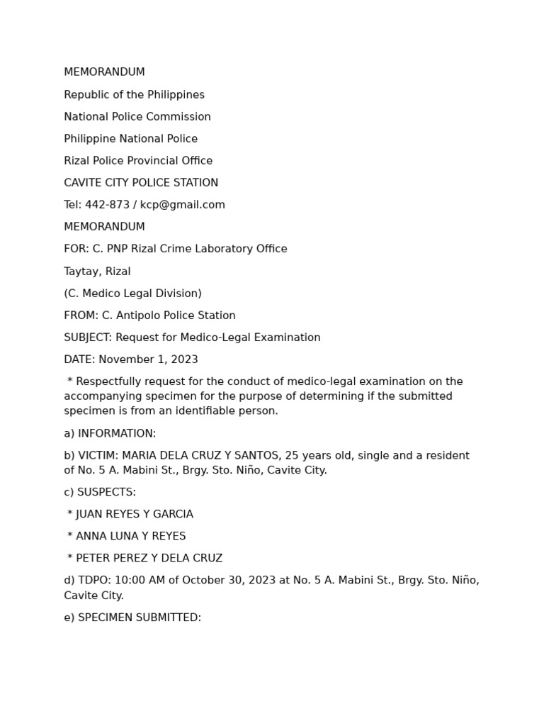 Medico-Legal Examination Request Memo | PDF