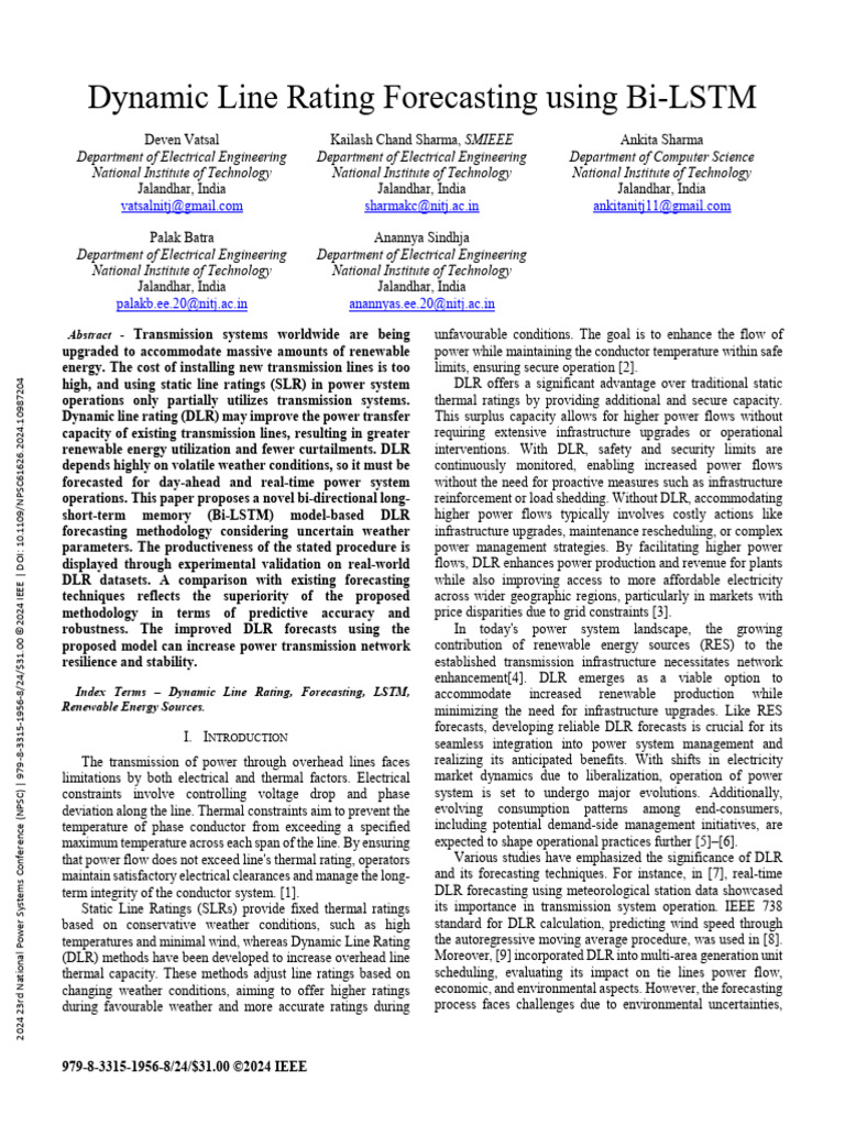 Bi-LSTM for Dynamic Line Rating Forecasting | PDF | Electric Power ...