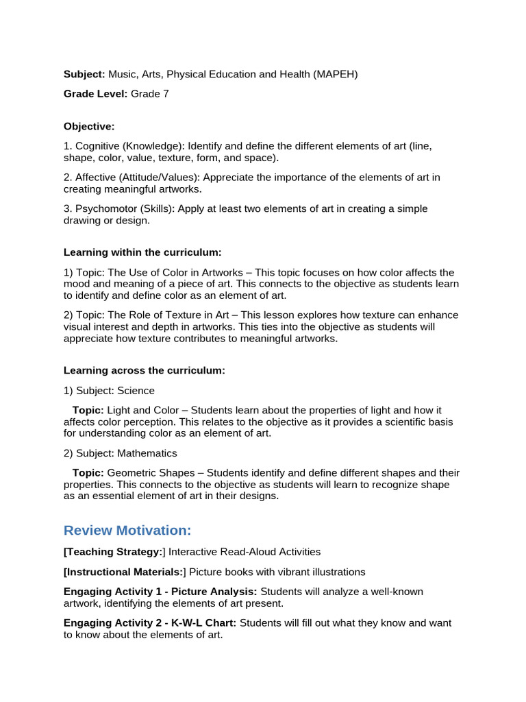Lesson - Plan - Music, Arts, Physical Education and Health (MAPEH ...