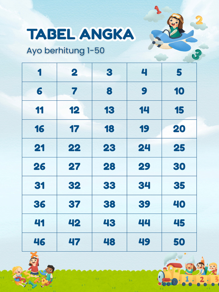 Tabel Angka 1-50 Poster Pendidikan Ruang Kelas Biru Gaya Ilustrasi | PDF