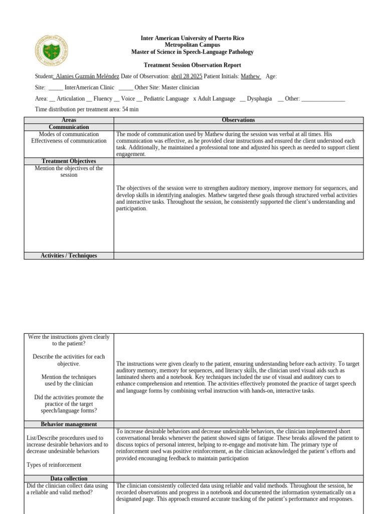 Speech-Language Pathology Observation Report | PDF | Communication ...